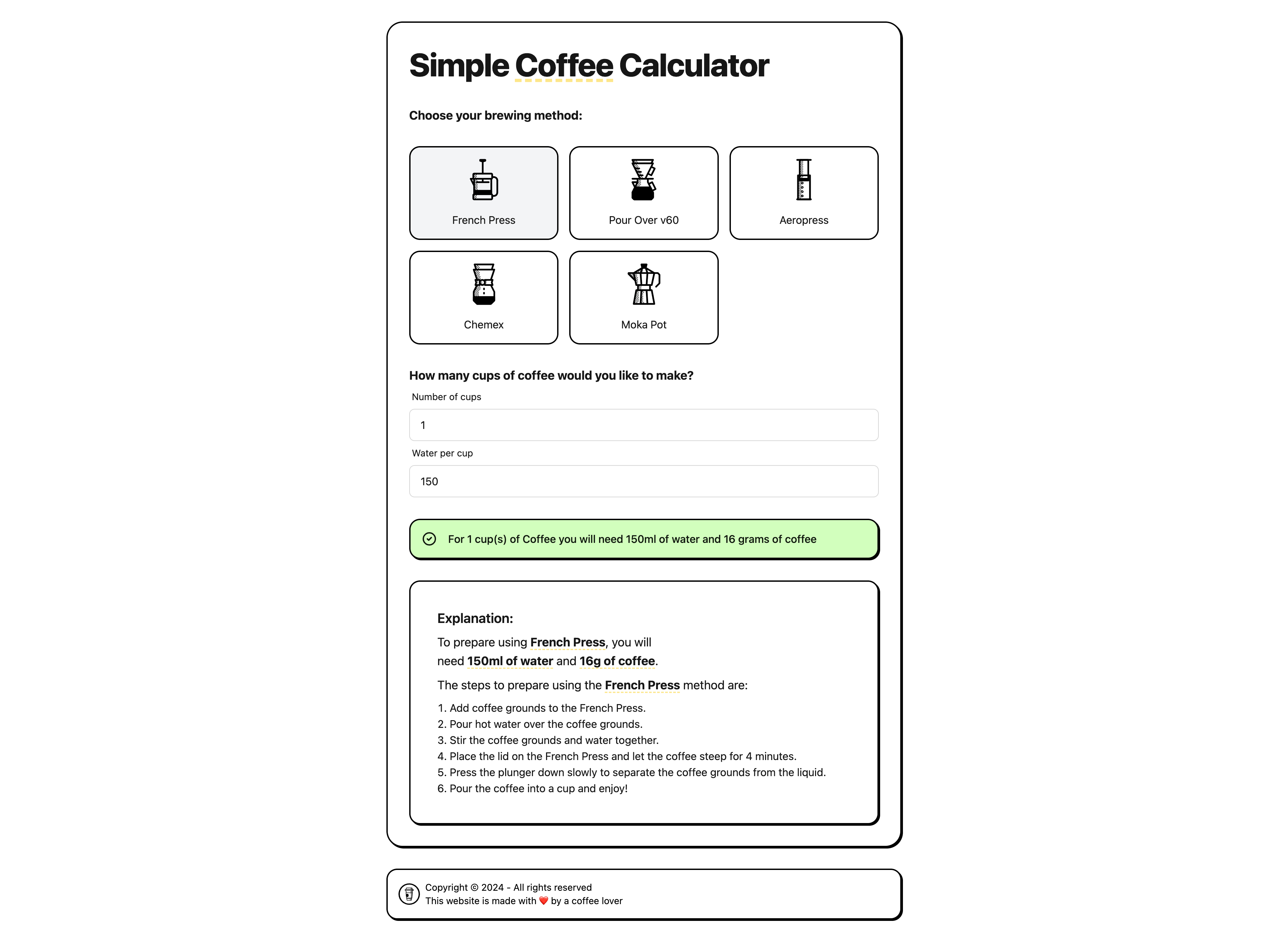 Coffee to Water Ratio Calculator - French Press, Pour Over & More ...